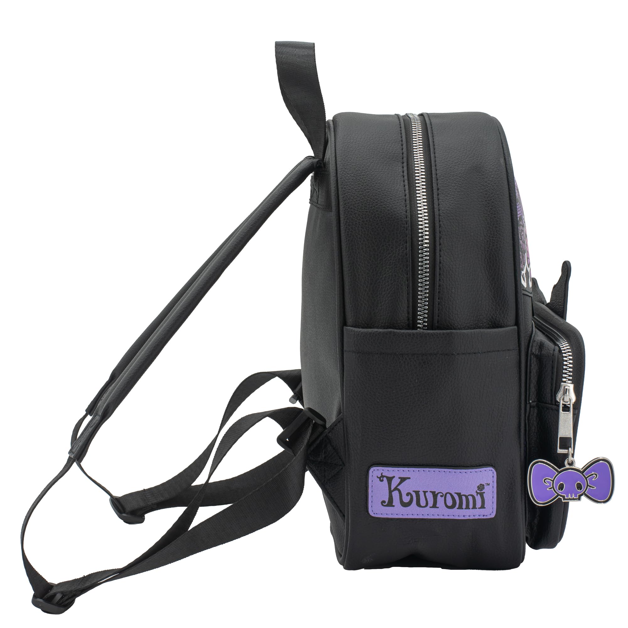 AI ACCESSORY INNOVATIONS Hello Kitty Kuromi Mini PU Backpack Purse, Kawaii Shoulder Bag with Epoxy Filled Metal Bow w/Skull Charm, 10.5 Inch, Anime Travel Bag, Faux Leather