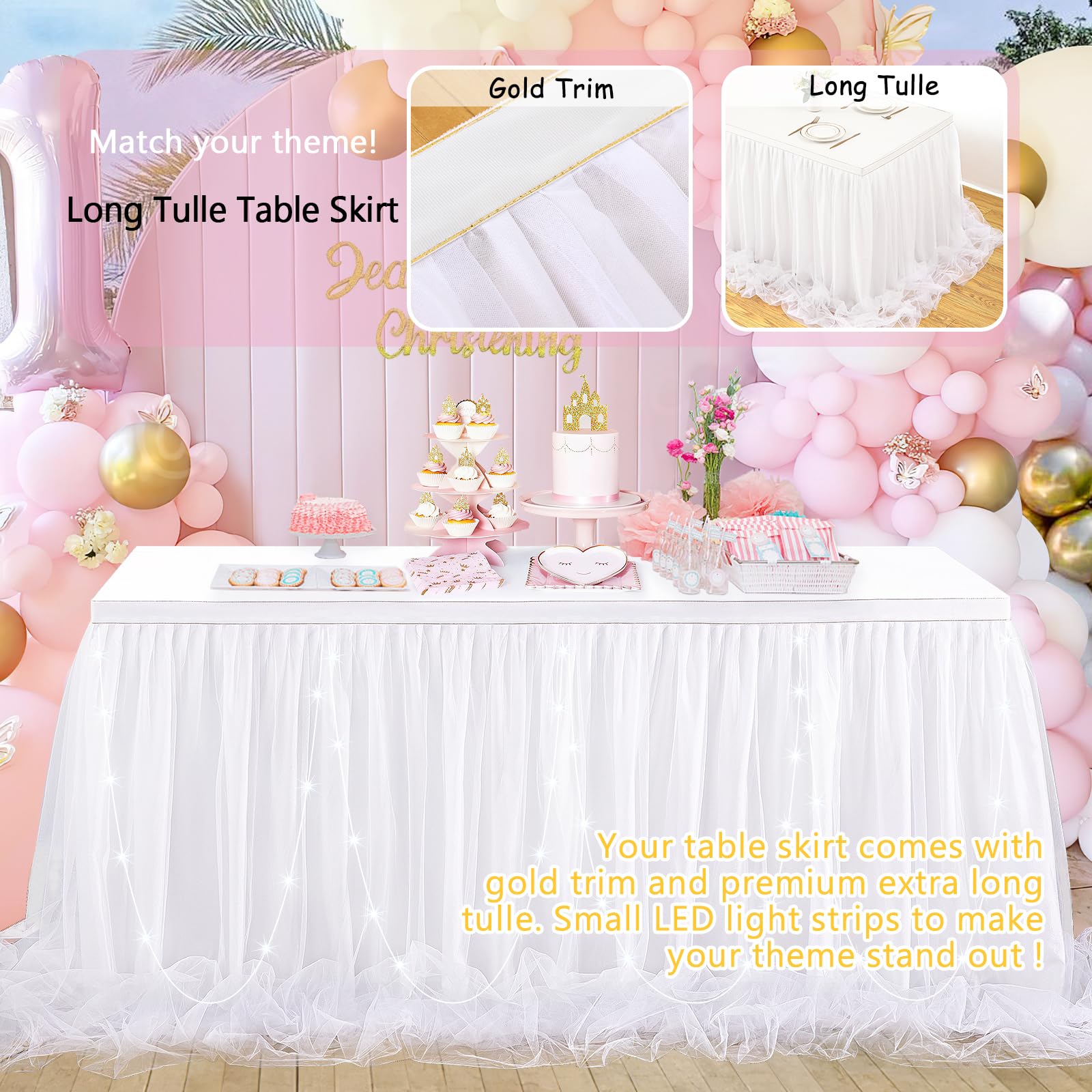 Tulle Table Skirt for Rectangle or Round Tables with LED Lights 9ft White Tutu Table Skirt for Wedding Bridal Shower Birthday Party Decorations