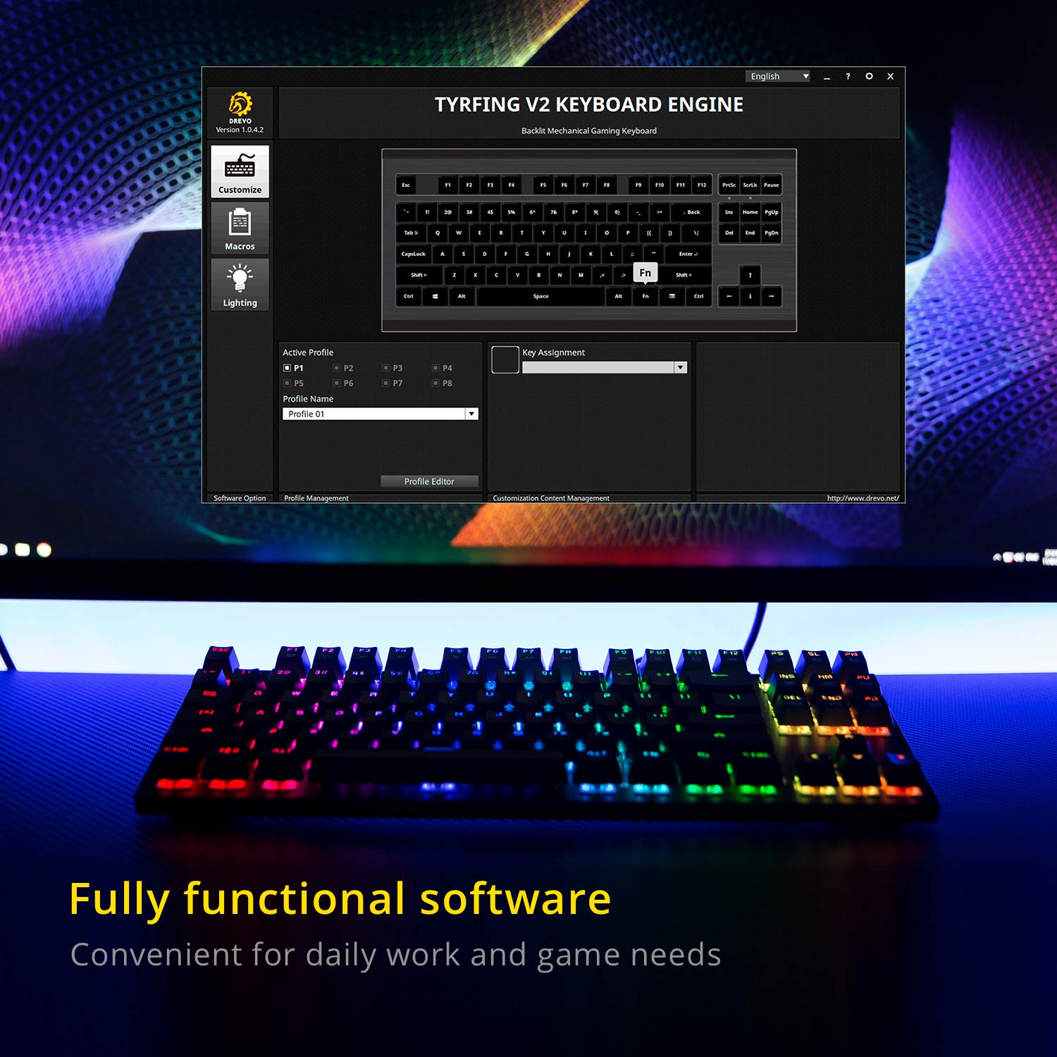 DREVO Tyrfing V2 Customizable RGB Compact 87 Keys Mechanical Gaming Keyboard USB Wired Tenkeyless Programming Macro Media Control Software Support Outemu Brown Switch Black