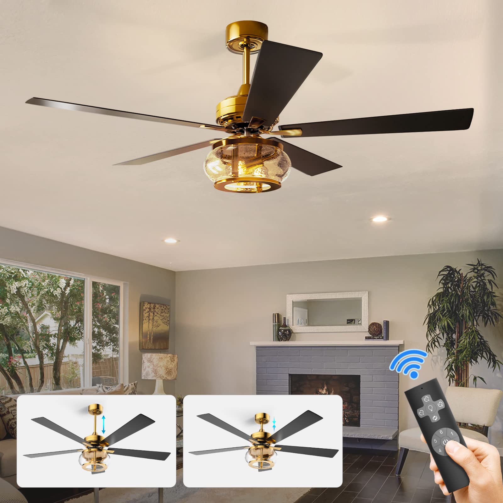 ADIUIVE Ceiling Fan with Lights, 60 Inch, 5-Blade, Low Profile, Brass Finish, Black & Golden, Farmhouse Style, Indoor Outdoor, Remote Control, LED Light, Ceiling Mount