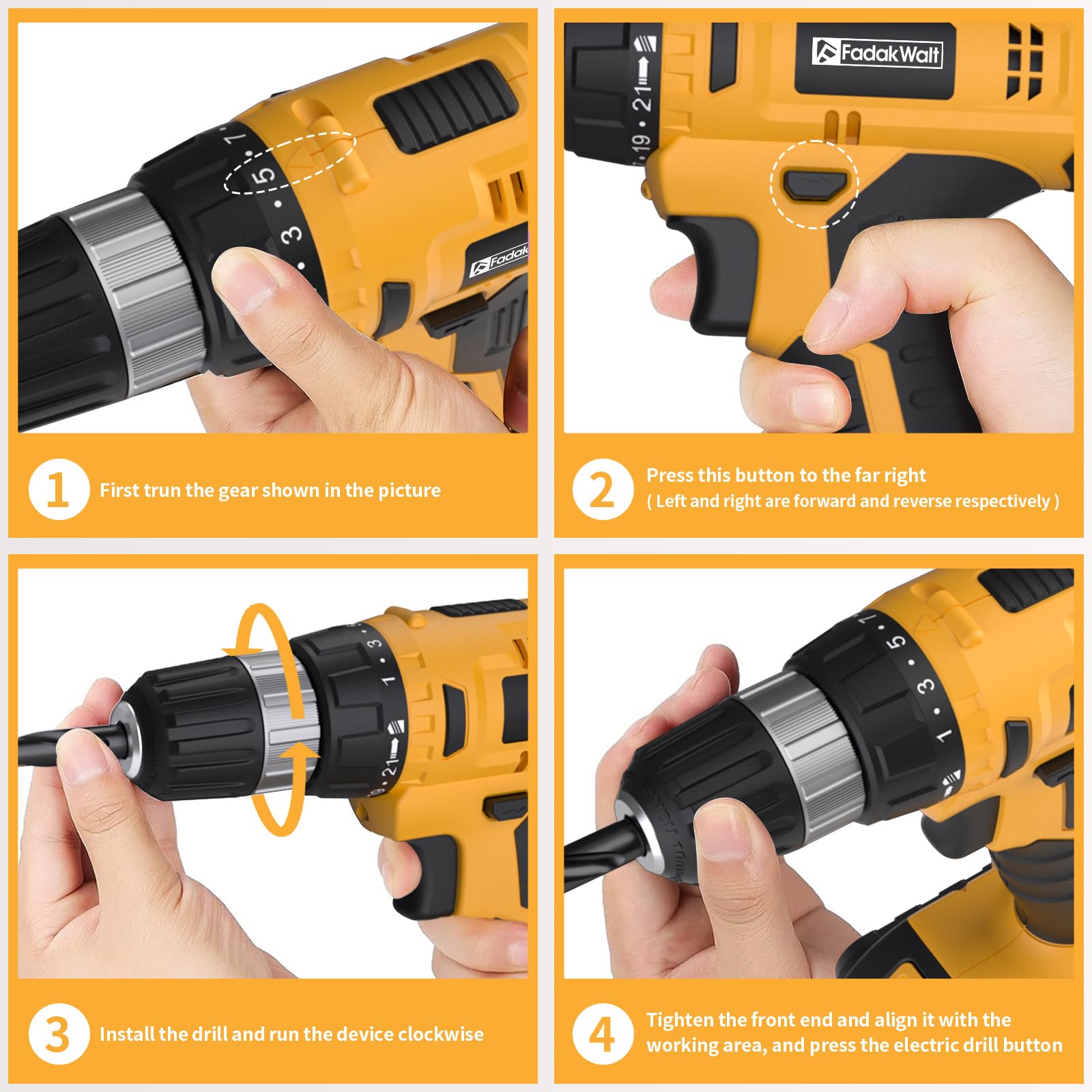 FADAKWALT Cordless Drill Set, 20V Electric Power Drill with Battery And Charger, Torque 30N, 21+1 Torque Setting, 3/8-Inch Keyless Chuck, Drill Driver Bits Kit, with LED Electric Drill Set. (Yellow)