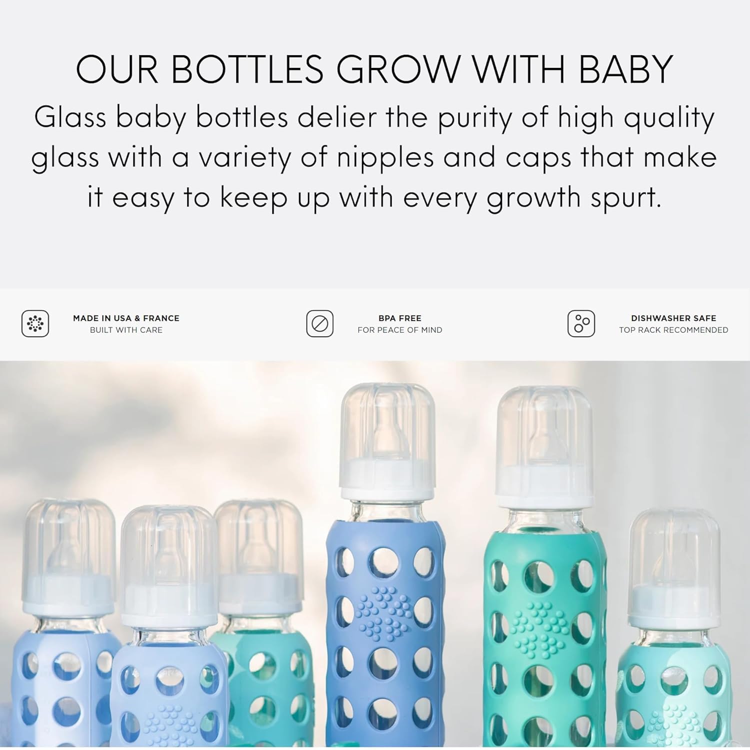 Lifefactory Glass Baby Bottles with Silicone Protection - 4-Pack, 4 oz Each Bottle (2- Lavender, 1- Mint & 1- Cantaloupe)