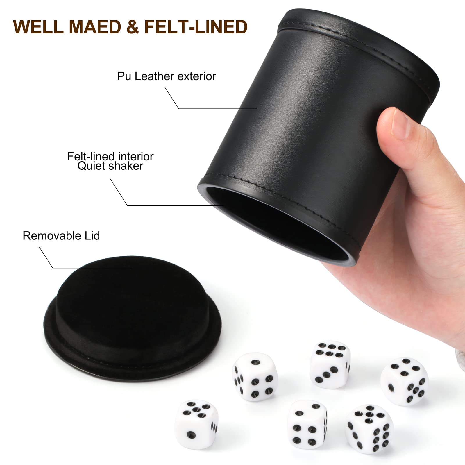 Dice Cup with Lid, PU Leather and Felt-Lined, Quiet Shaker for Yahtzee Farkle Dice Board Games, Set of Six 16mm Dice Included