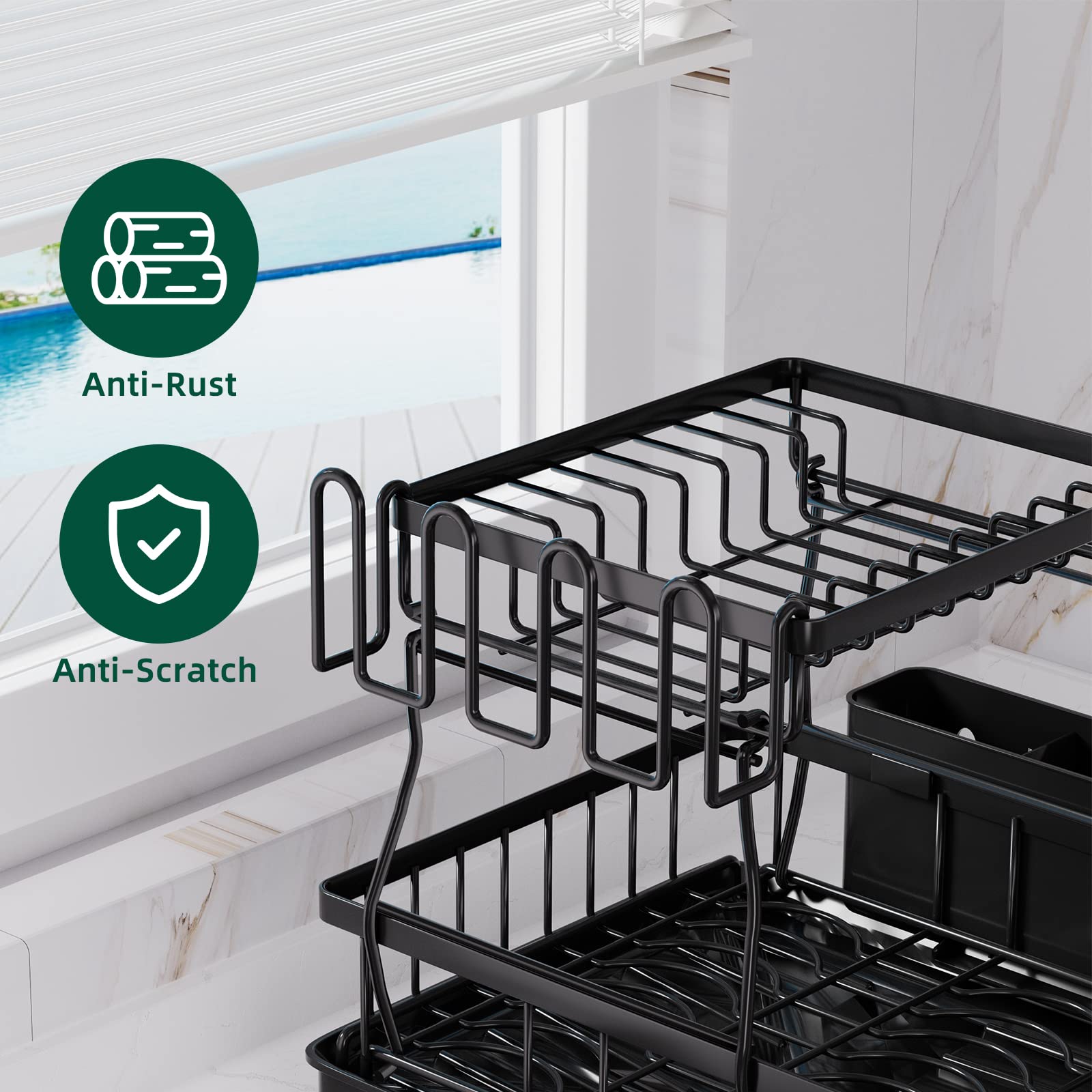 Enutogo Dish Drying Rack, 2-Tier Kitchen Dish Racks with Drainboard, Dish Drainer Set for Kitchen Counter with Utensil Holder, Large Dish Rack Organizer Set for Plates Drying, Stainless Steel
