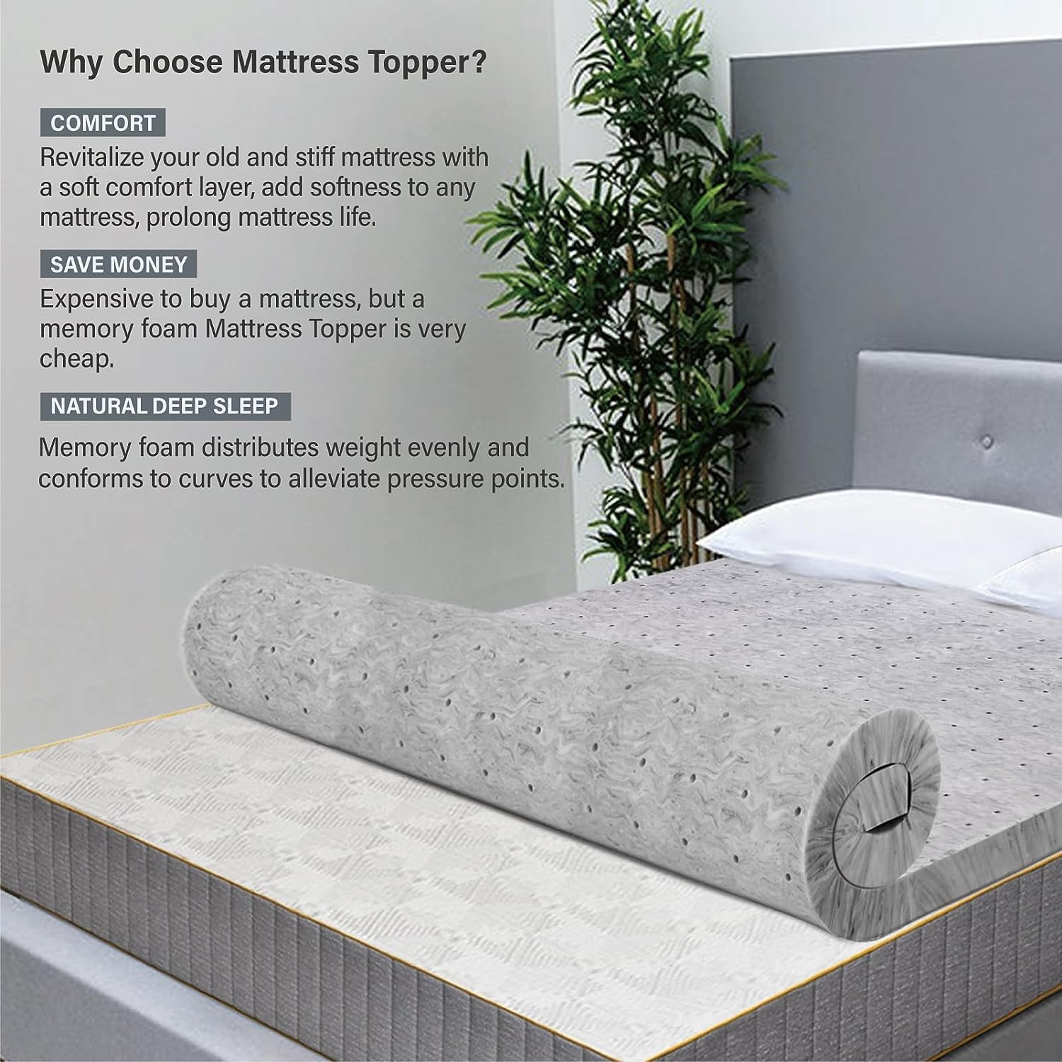 BedsPick Memory Foam Mattress Topper Queen 2 Inch, Foam Mattress Pad, Super Soft Queen Size Bed Toppers with Ventilation Holes
