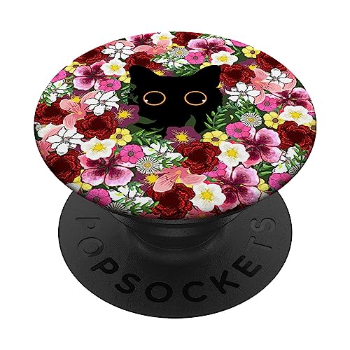 Black Cat Eyes In Flowers Cute Floral Scary Animal Lover PopSockets Swappable PopGrip