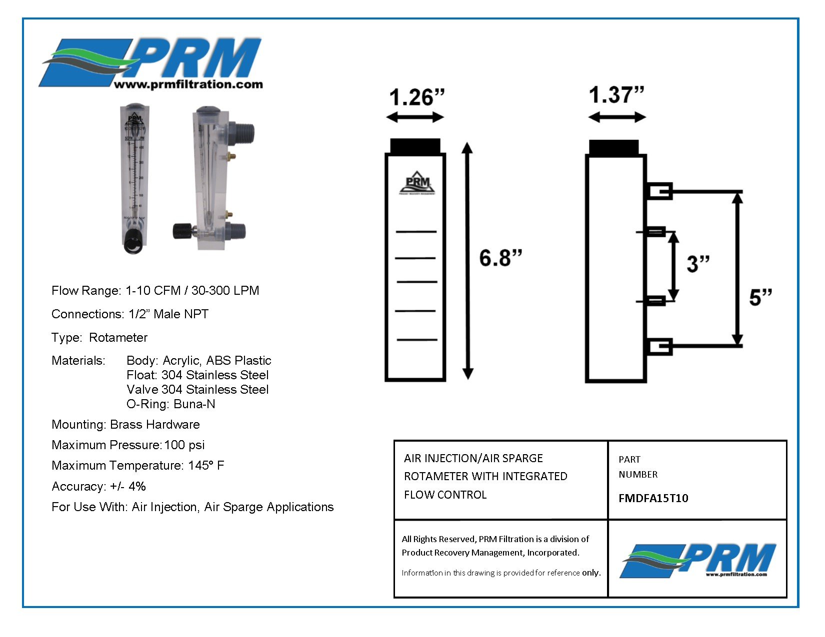 PRM AIR Injection/AIR SPARGE ROTAMETER with Integrated Flow Valve; 1-10 CFM / 30-300 LPM