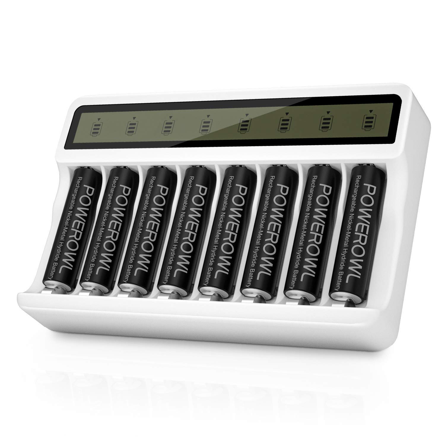 POWEROWL 2800mAh Rechargeable AA Batteries with Smart 8 Bay Battery Charger, Low Self Discharge Ni-MH Double A Batteries, 8 Count