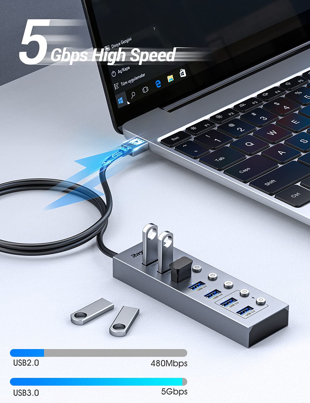 Powered USB 3.0 Hub, Aluminum 7-Port USB Data Hub Splitter with 5V/3A AC Adapter and Individual On/Off Switches, USB Hub Powered Charging for MacBook Pro/Air, PC, Laptops, Surface Pro,HP, etc