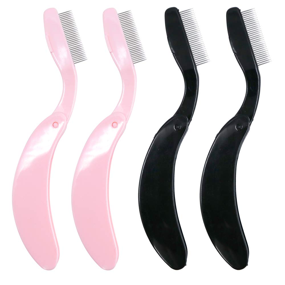 G2PLUS 4PCS Folding Eyelash Comb, Eyebrow Comb Metal Teeth, Eyelash Separator Comb, Eyelash Brush and Comb, Professional Tool for Define Lash & Brow (Pink+Black)