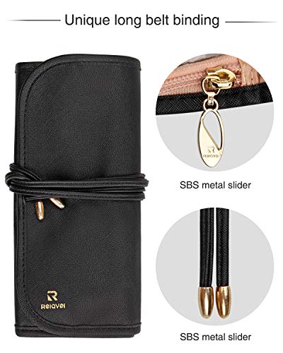 Relavel Makeup Brush Rolling Case Makeup Brush Bag Pouch Holder Cosmetic Bag Organizer Travel Portable Cosmetics Brushes Black Leather Case with Small Clear Bag