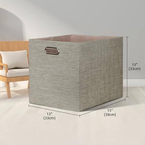 ArcaGuru 13x15x13 Storage Cube Bins, Linen Foldable Fabric Storage Cubes, Storage Cubes Baskets Box with Handles for Shelves, Closet, Wardrobe, Bookcase, Bedroom, 4 Pack, Coffee