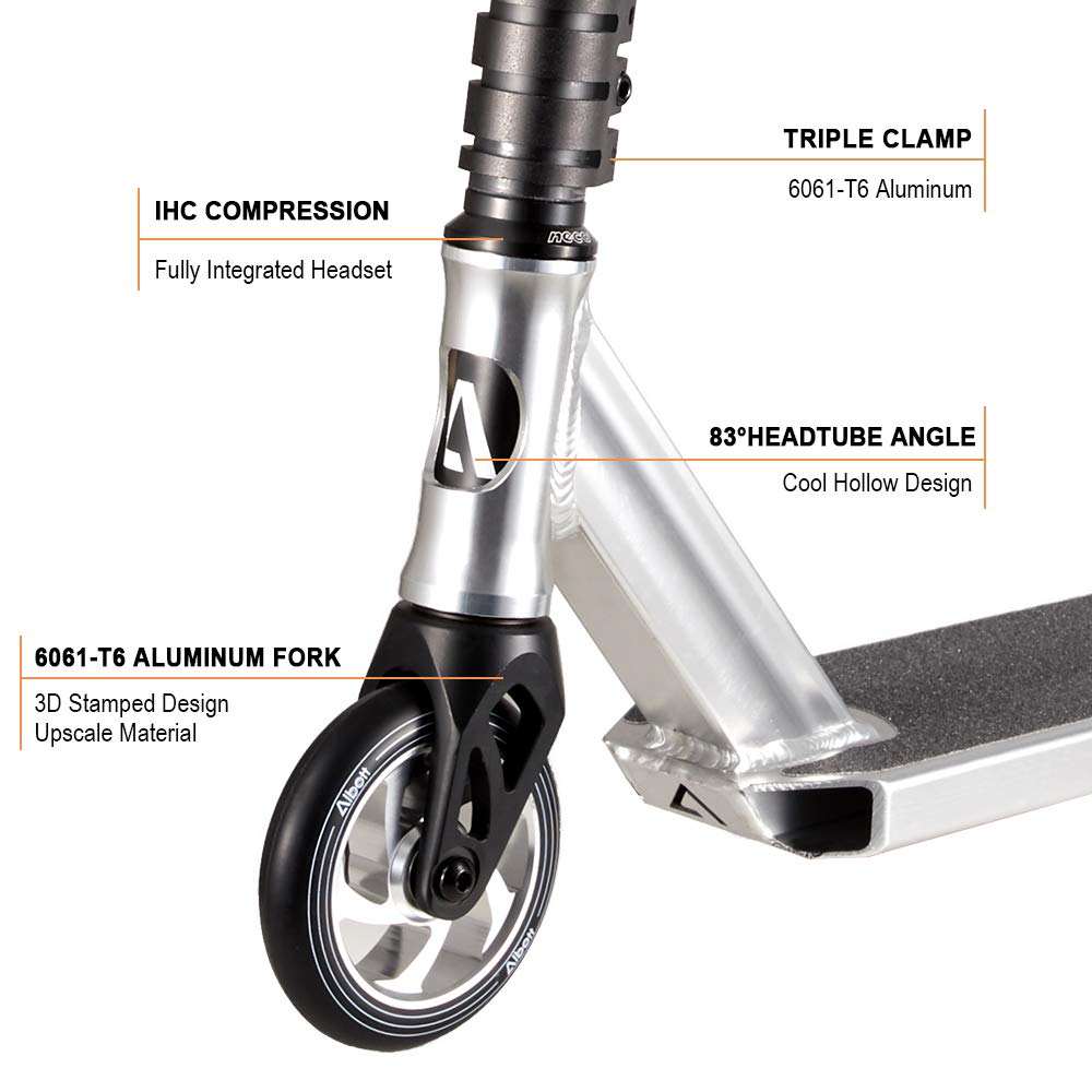 Albott Pro Stunt Scooters Freestyle Trick Scooter with CNC 6061-T6 Aluminum Fork 25 Inches Long Bar Beginner to Intermediate Durable Kick Scooter for Kids 8 Years and Up,Teens, Boys,Adults (Silver)