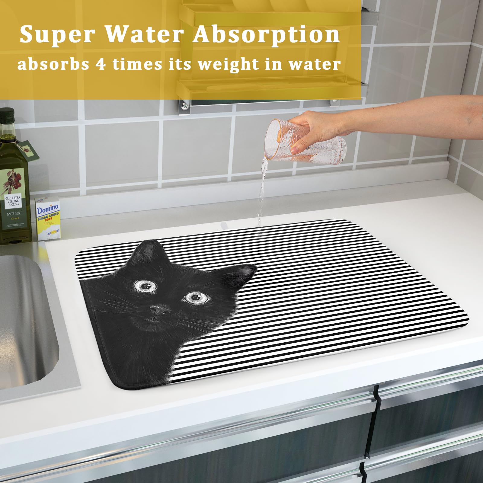Black Cat Dish Drying Mat Classic Striped Dishes Pad Hanging Drainer Rack Mats Absorbent Fast Dry Kitchen Accessories 18 x 24 inch