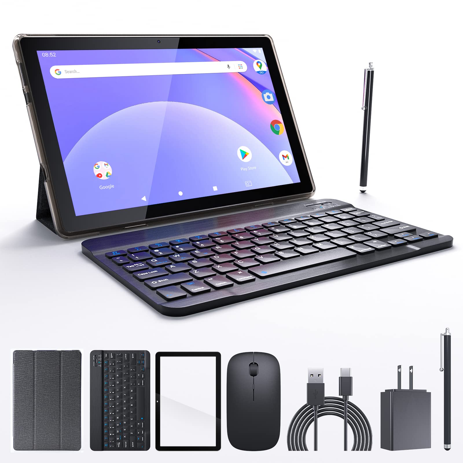 Android Tablet 10 Inch Tablets, 2 in 1 Tablet With Keyboard Include Mouse Case Stylus Tempered Film 5G Wifi Wifi6 128GB ROM+6GB RAM 10 IN IPS 8MP Camera 6000mAh Battery 10.1" FHD Android 11 Tab Black