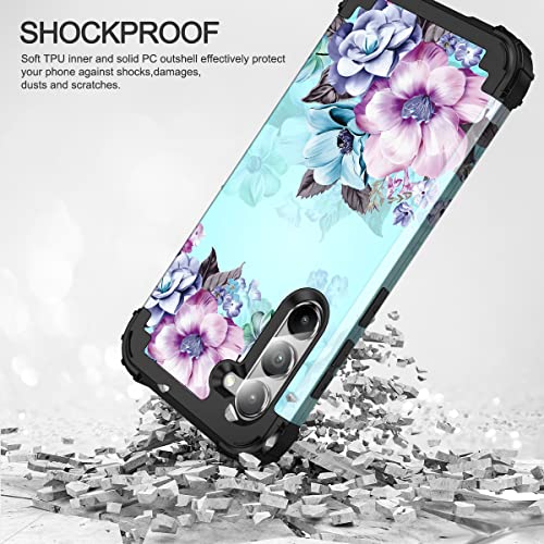 Casetego Compatible with Galaxy S23 5G Case,Floral Shockproof Three Layer Heavy Duty Protective[2 Pcs Tempered Screen Protector+2 Pcs Camera Lens Protector] Case for Samsung Galaxy S23,Blue Flower