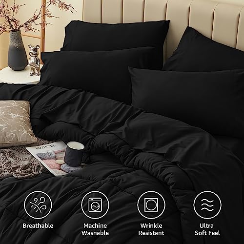 CozyLux Queen Comforter Set - 7 Pieces Bed in a Bag Set Black, Bedding Sets Queen with All Season Quilted Comforter, Flat Sheet, Fitted Sheet, Pillowcases, Black, Queen