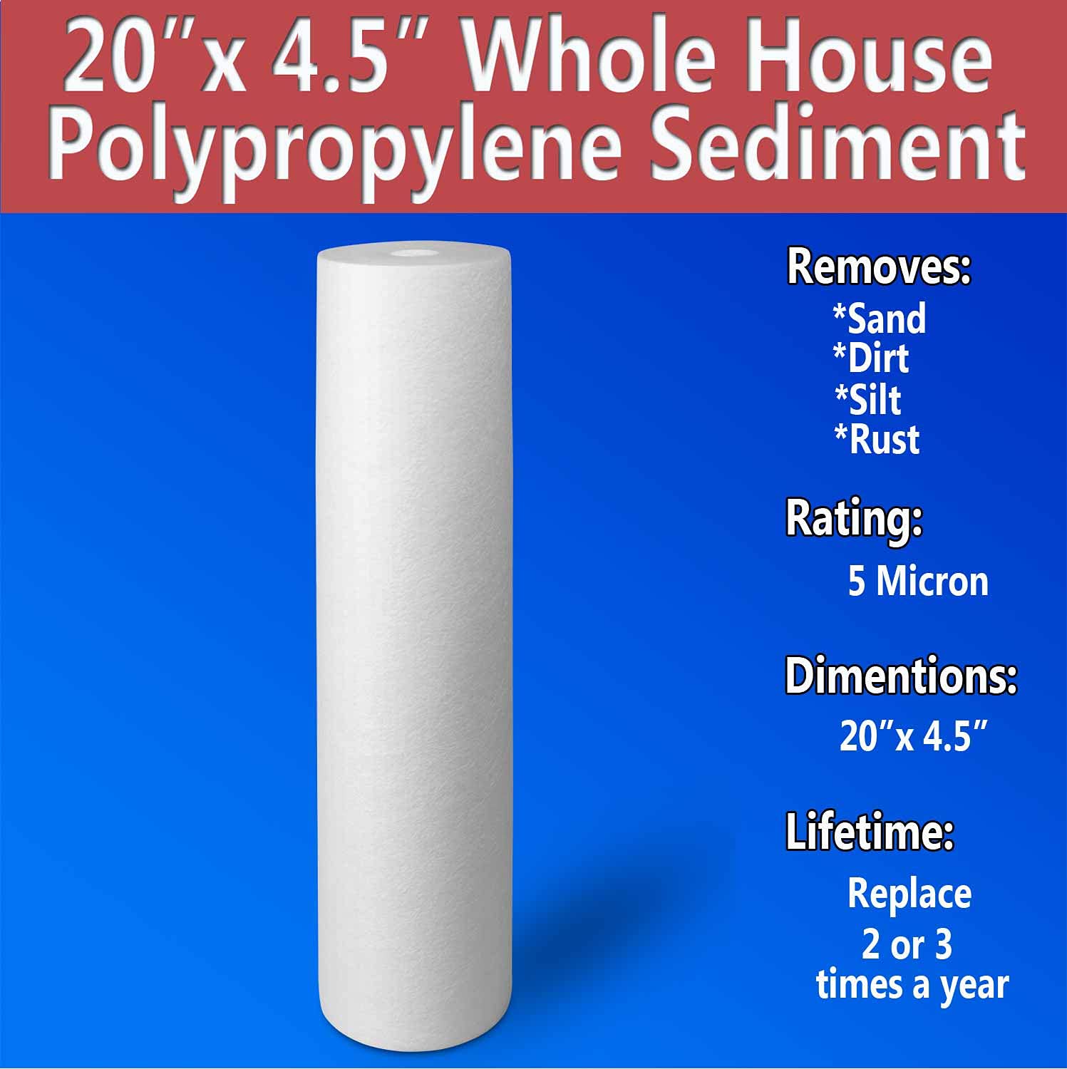 Big Sediment Replacement Water Filters 5 Micron 4.5”x 20" Cartridges WELL-MATCHED with 155358-43, 2PP20BB1M, AP810-2, FPMB-BB5-20, FP25B, P5-20BB, SDC-45-2005 (10 Pack, 20")