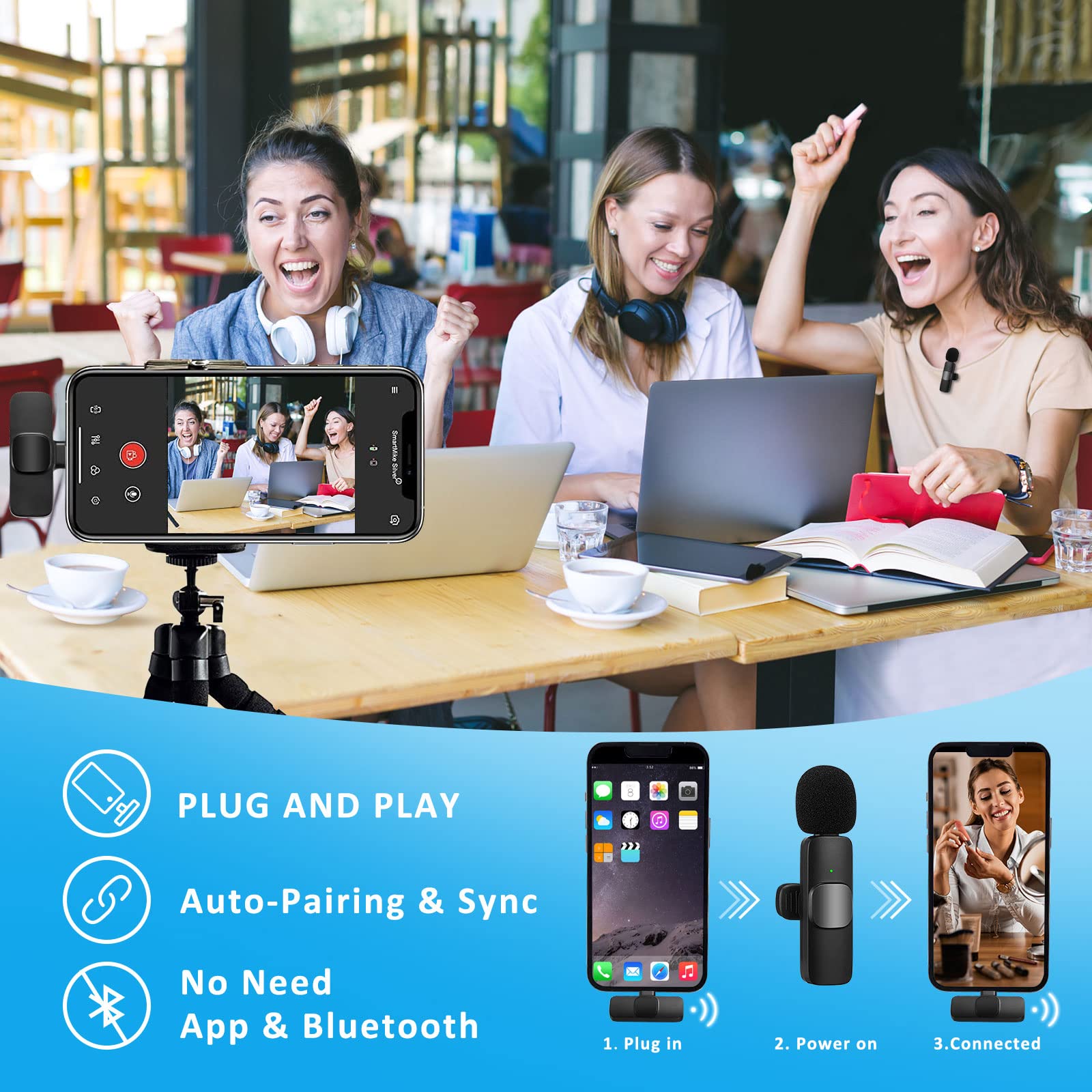 ACOCOKI Wireless Lavalier Microphone for iPhone iPad, 2 Pack Plug-Play Lapel Microphone for Video, Record, Live Stream, YouTube, TikTok, Facebook, Noise Reduction and Auto Sync