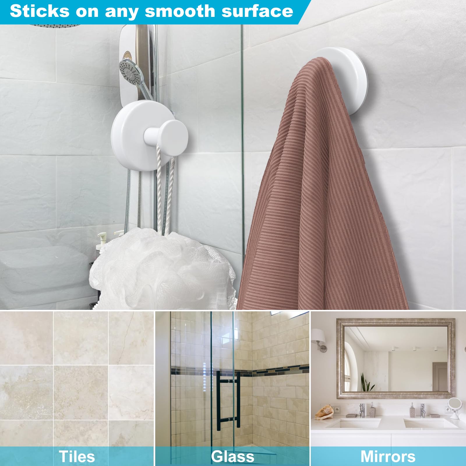 AUGLEAF Suction Cup Hooks for Shower, Brushed White (2 Pack)
