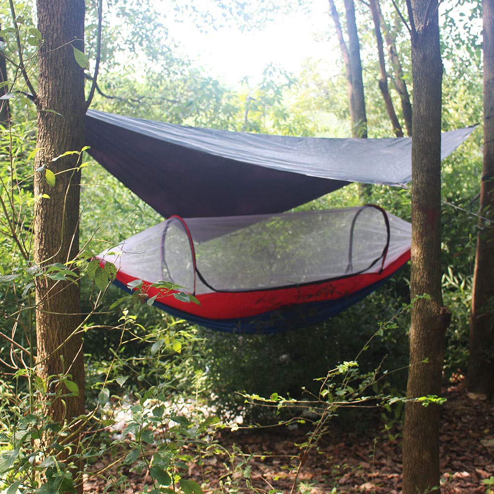 All in One Camping Hammock Bundle Set with Mosquito Bug Net, Rain Fly, Tree Straps and Compression Sack - Lightweight, Heavy Duty, Double & Single Hammocks for Outdoor Travel Survival & Backpacking.