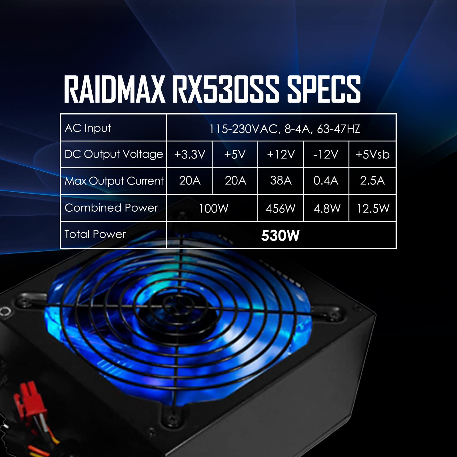 Raidmax Power Supply with Fan RX-530SS, Black/Blue