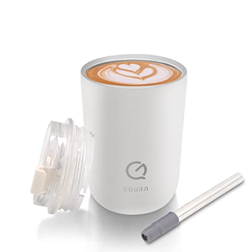 EQURA Coffee Mug with Straw, 9.5Oz Reusable Coffee Cup, 9 Hours Keeps Hot/Iced Beverage, Sweat Proof, Insulated Coffee Mug for Travel/Office/Camping (White)