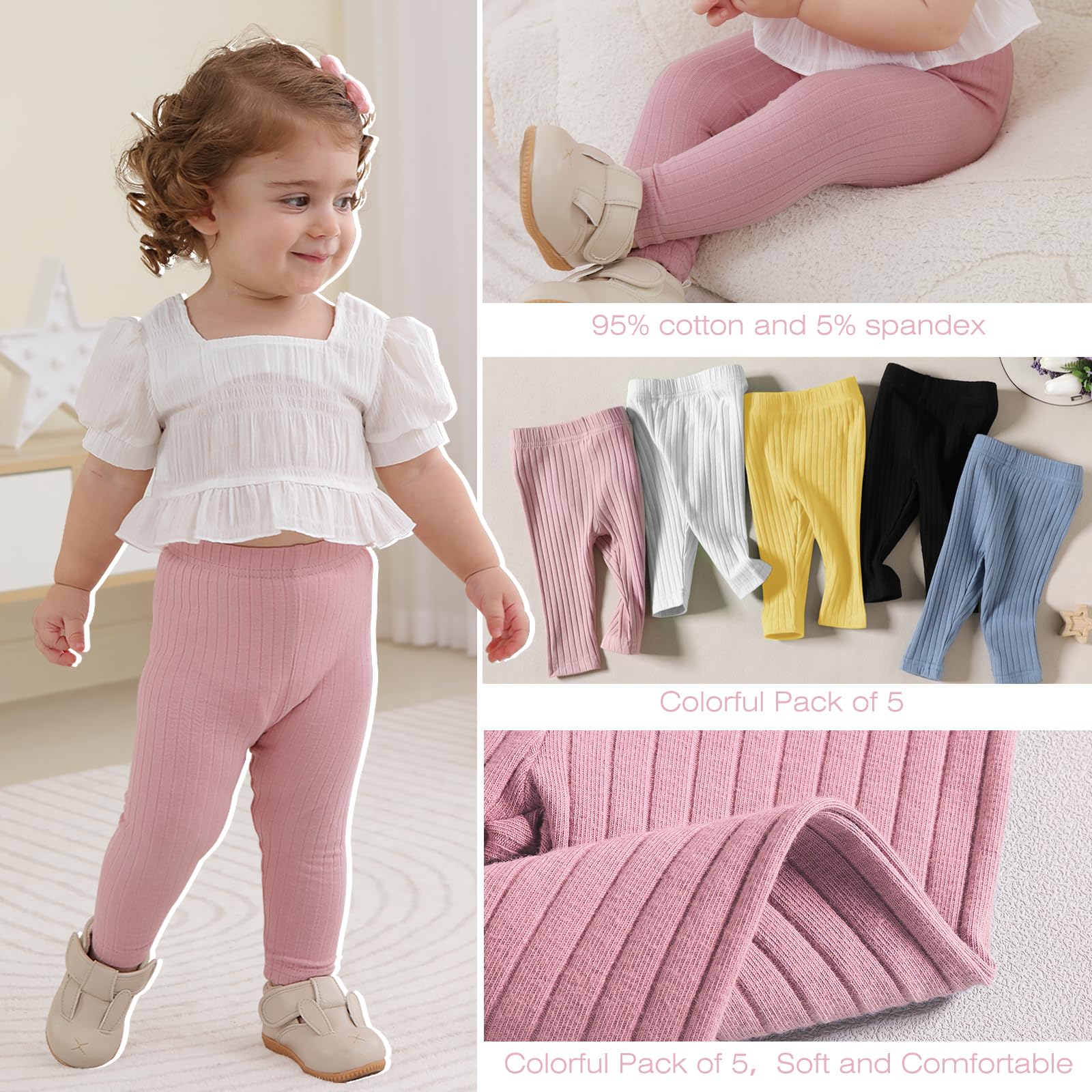 U.nikaka Unisex Baby 6-12 Months 5-Pack Pants in Grey White Black Orange and Pink