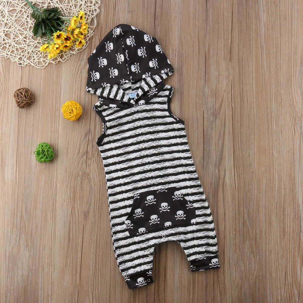 Xiaodriceee Newborn Baby Hooded Romper Boy Girl Sleeveless Striped Skull Jumpsuit Outfit Clothes 0-6 Months