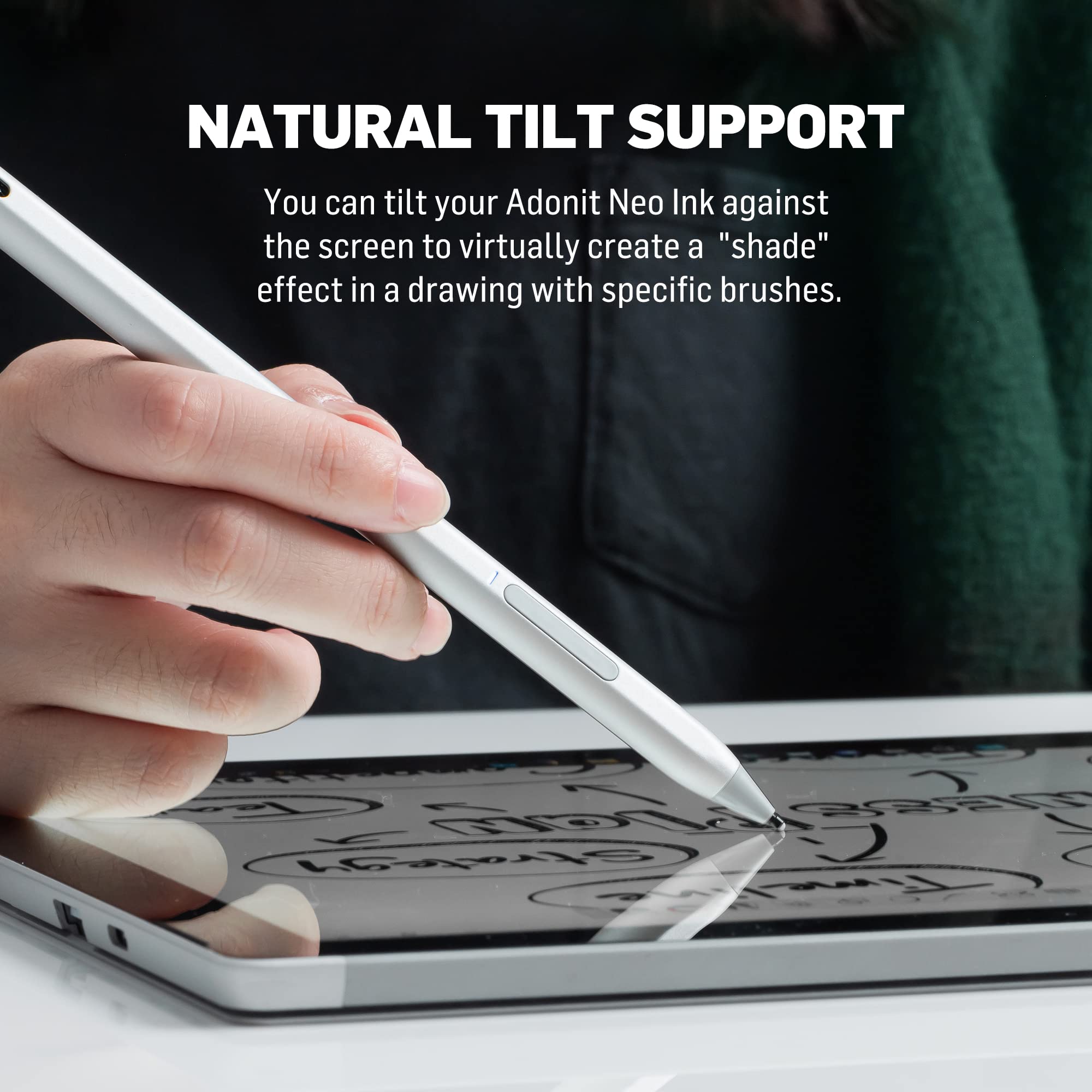 Adonit Neo Ink, Magnetic Attachable Stylus Pen for Microsoft Surface, 4096 Pressure Sensitivity, Tilt, Palm Rejection, Compatible with Surface Book/Go/Pro/Studio, Surface Laptops- Matte Silver