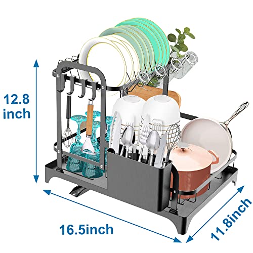 Dish Drying Rack Drainboard Set - with Swivel Spout, 2 Tier Large Capacity Rustproof Dish Rack with Cups Holder, Utensil Holder, Cutting Board Rack, 4 Hooks, Dish Drainer for Kitchen Counter