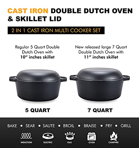 Bruntmor 2-in-1, 7 Quart Enamel Cast Iron Dutch Oven With Handles, Crock Pot Black Cast Iron Skillets, Enamel All-in-One Cookware Braising Pan For Casserole Dish | Pioneer Woman Cookware