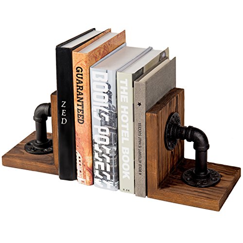 MyGift Rustic Brown Wood Decorative Office Bookends with Realistic Industrial Pipe Design, Shelf Decor Desk Book Holder L-Shaped Stand, 1-Pair