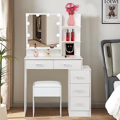 Buildonely Hollywood Girls Vanity Set with 5 Storage Drawers, Makeup Table Set with Wide Desktop and Cushioned Stool, Dressing Desk White Vanity Mirror with Lights for Bedroom