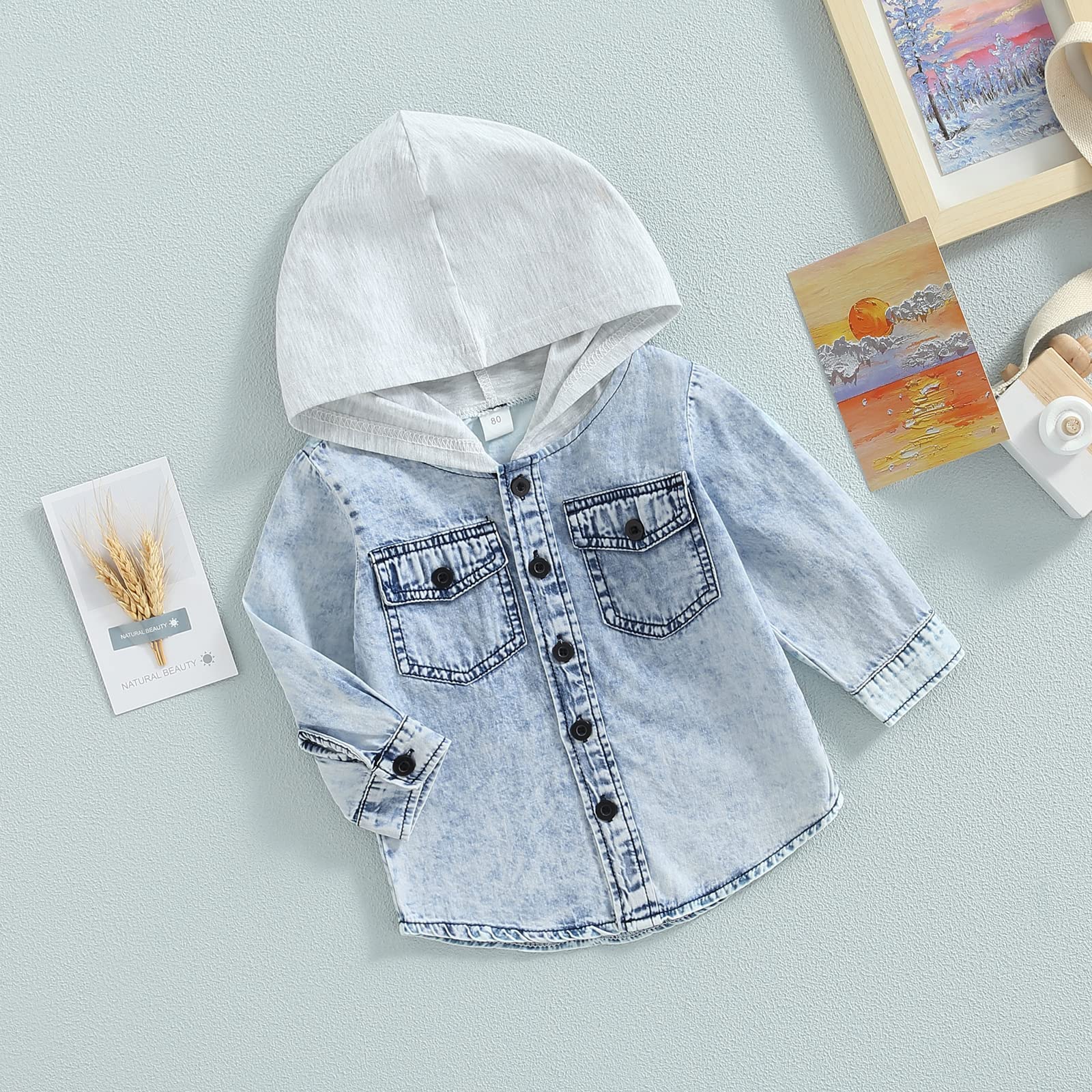 AEEMCEM Toddler Baby Boys Hooded Denim Jackets Long Sleeve Button Down Hoodie Jeans Jacket Coat Tops Fall Winter Clothes (Blue White, 2-3 Years)
