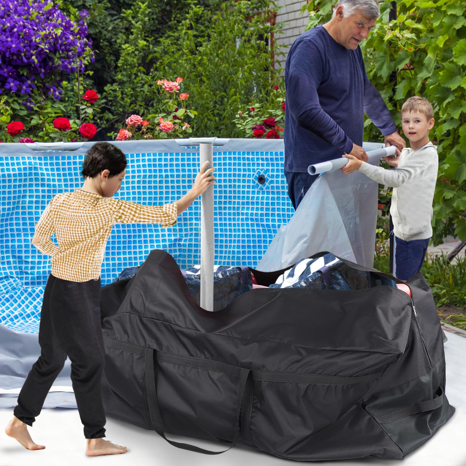 Aulock Extra Large Storage Bag for Aboveground Pools - Heavy-duty Pool Cover Storage Bag with 4 Handles for Inflatable Frame Pools Accessories Outdoor Patio Cushion, 56''x24''x24''