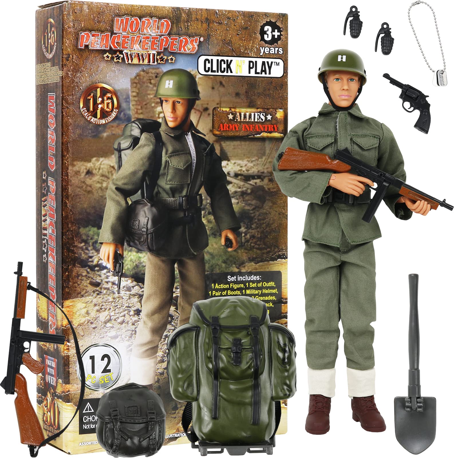 Click N' Play WWII Allies Army Infantry 12” Action Figure Plat Set with Accessories - Click N Play Military WW2 Toys