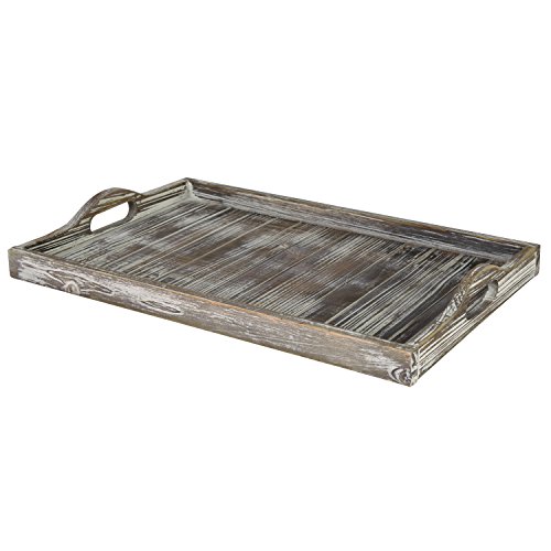 MyGift Rustic Torched Solid Wood Large Serving Tray with Cutout Handles with Slatted Design, Breakfast Ottoman Coffee Table Tray, 16 x 11 Inches