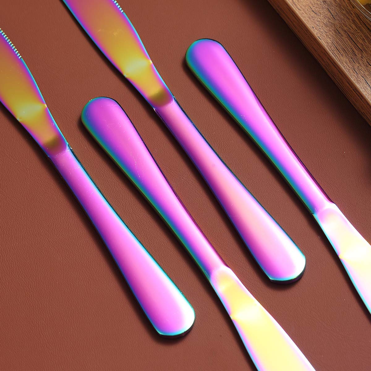 Berglander Rainbow Dinner Knives Set Of 12, Stainless Steel Titanium Plating Shiny Colorful Dinner Knife, Mutil Color Butter Knife Spreader Table Knives Sturdy And Dishwasher Safe
