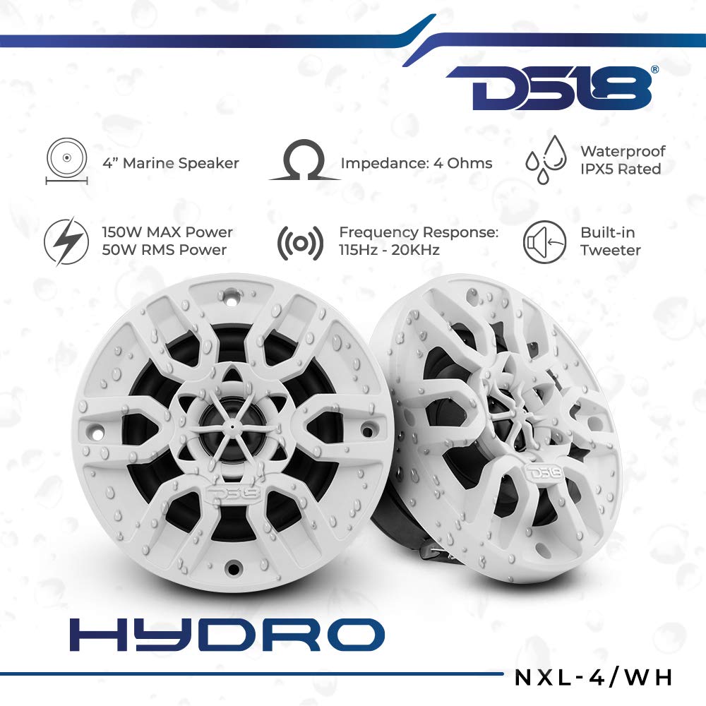 DS18 MP4/WH White Marine Speaker - 4", 2-Way, 150W Max, 100% UV Stable, IPX5 Marine, 4 Ohms - for All Elements, UTV, ATV & Jeeps (2 Speakers)