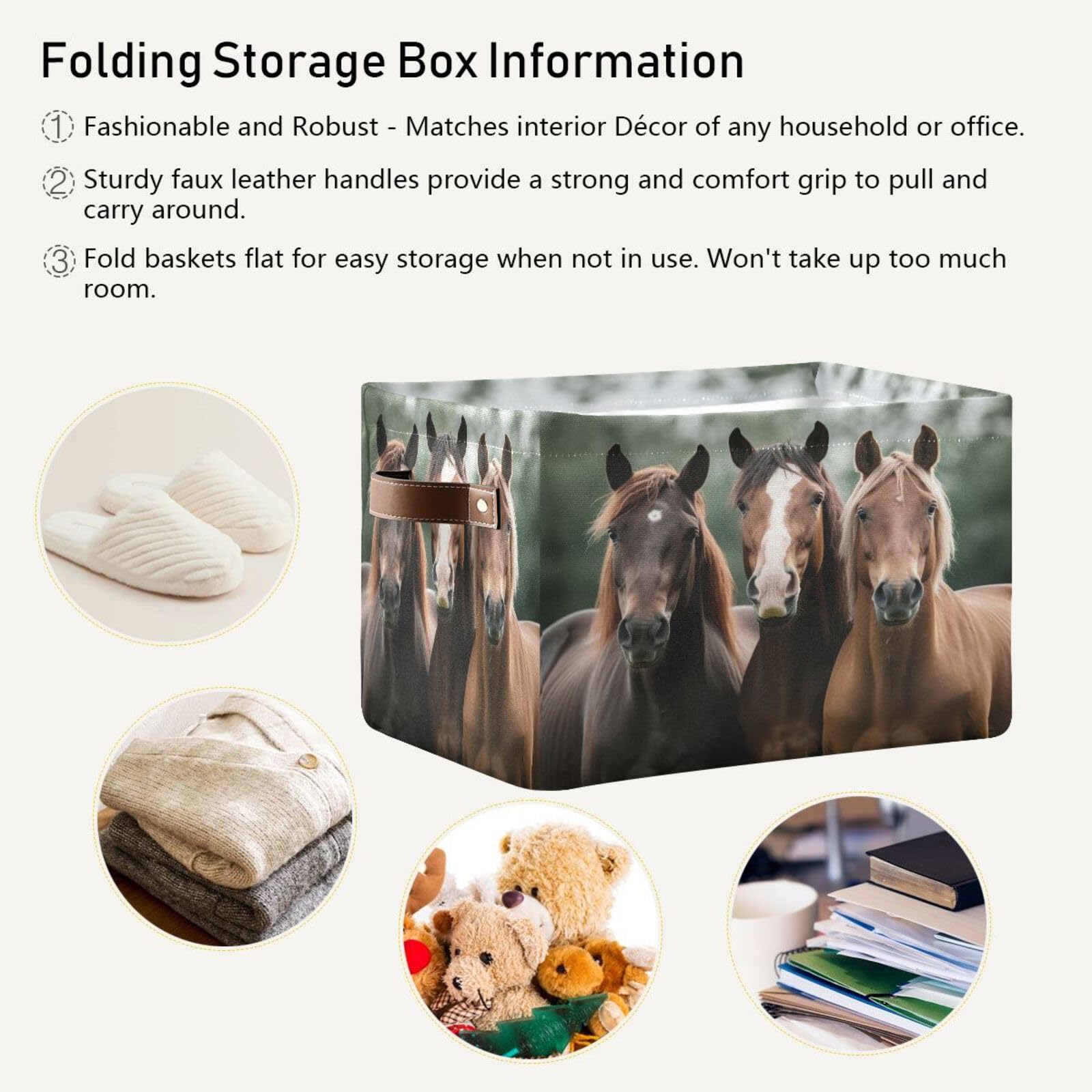 STAYTOP Large Storage Basket Collapsible Toy Storage Bins Waterproof Laundry Basket with Handle.Used for Home Closets, Offices, Bedrooms, Kids Toy and Gift Baskets-Cute Horses(Rectangular)1PCS
