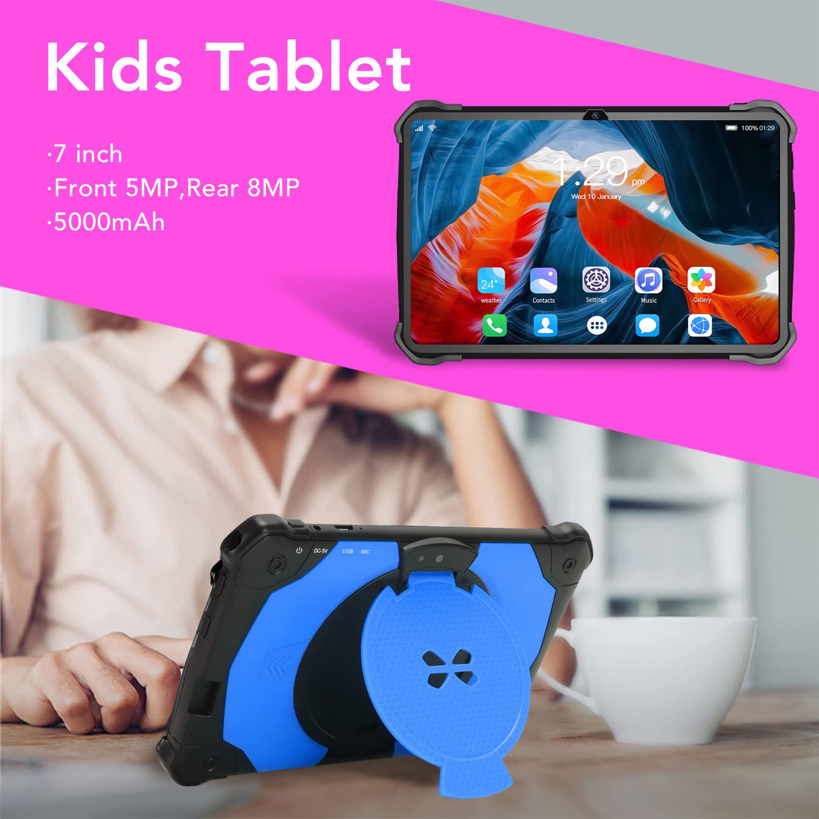 Aumoo Kids Tablet, US Plug 100 to 240V 1960x1080 7in Kids Tablet Rear 8MP for Photo Taking (Blue)