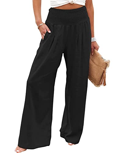 ERTUPE Women's Linen Palazzo Pants Boho Wide Leg High Waist Lounge Pant Elastic Casual Loose Solid Trousers with Pockets A-Black