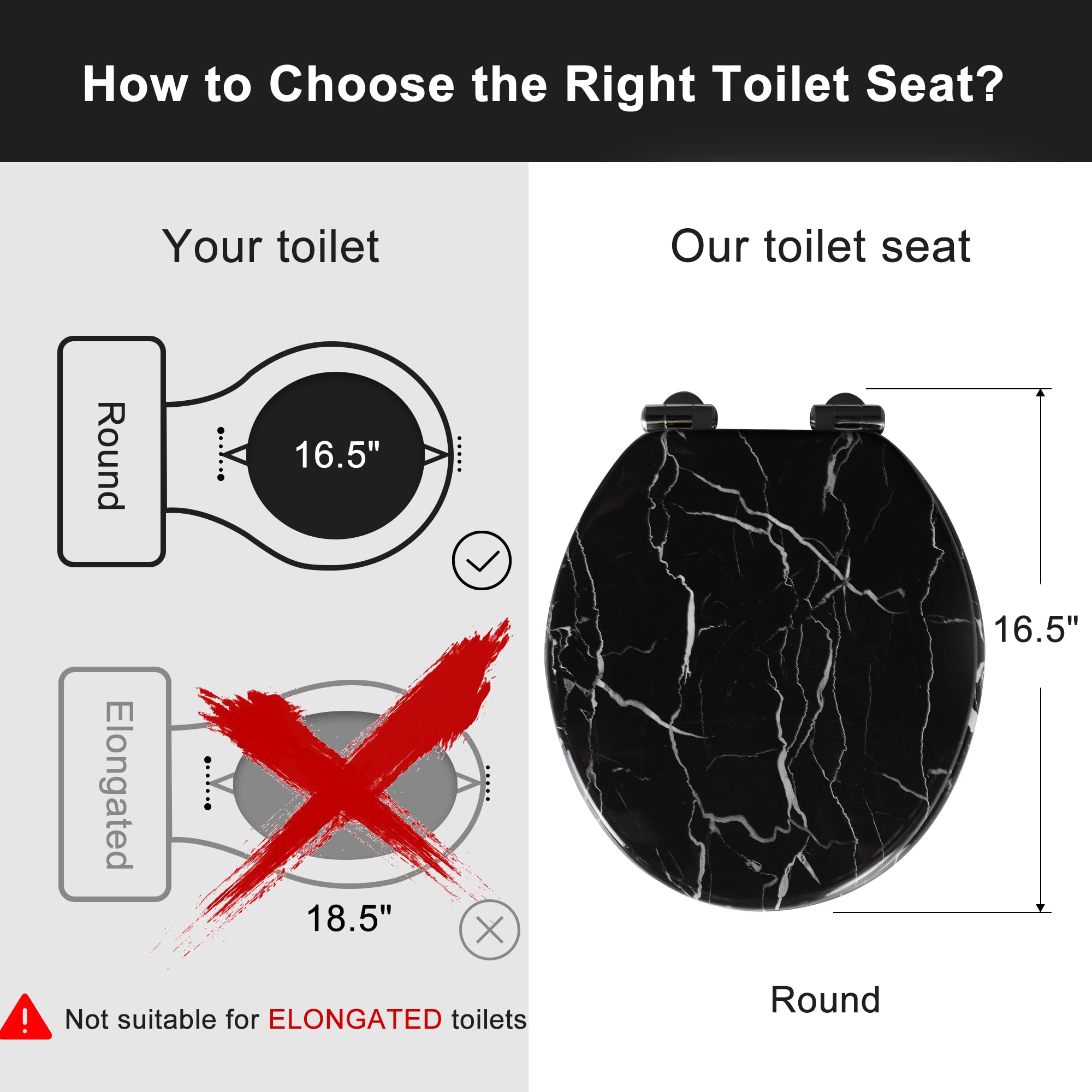 Angel Shield Marble Toilet Seat Durable Molded Wood with Quiet Close,Easy Clean,Quick-Release Hinges (Round,Black Marble)