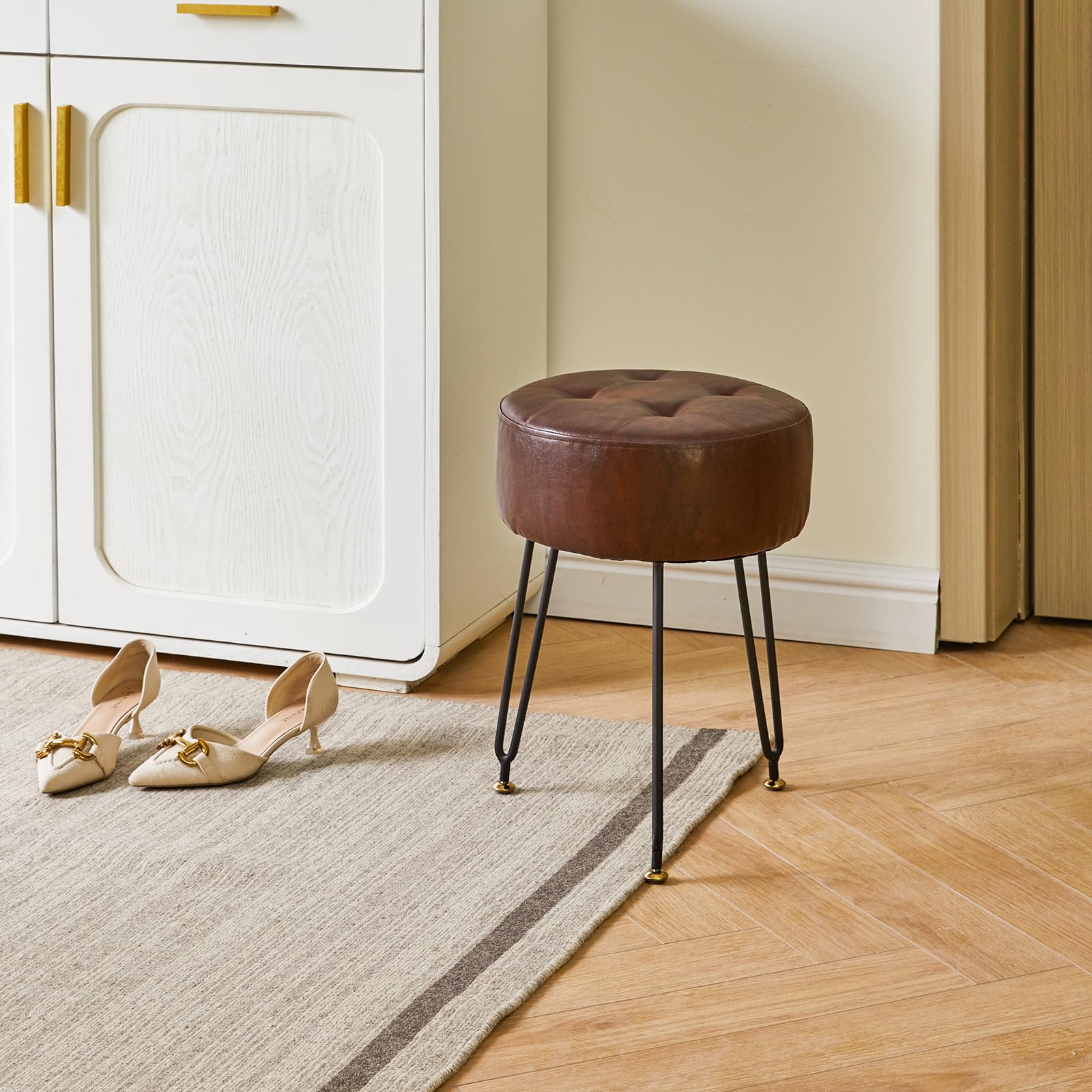 IBUYKE Faux Leather Round Footrest Stool, Makeup Vanity Stool Side Table, PU Dressing Table Seat, Pouf Couch Stool, Golden Steel Legs, Black LG-31B