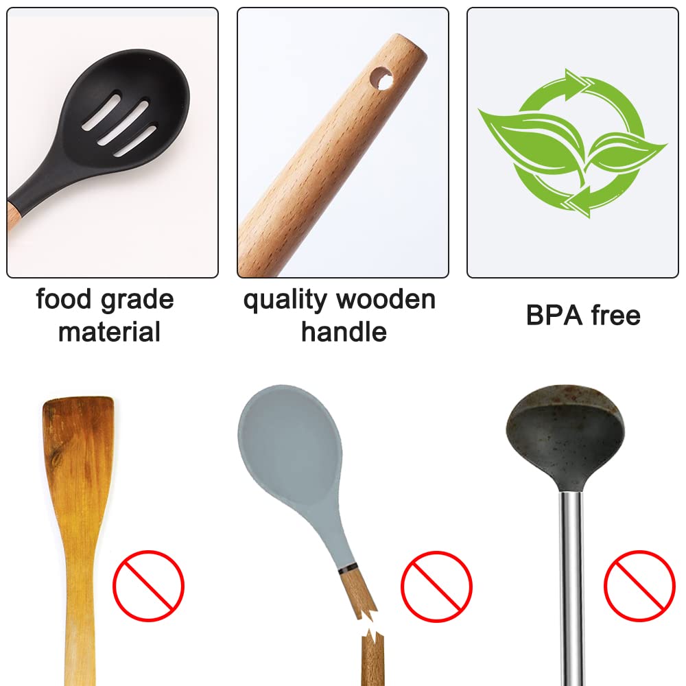 ADOSON Kitchen Utensil Set, 21 Cooking Utensils Set, Silicone and Wooden Handle Kitchen Utensils with Holder, Non-Stick and Heat Resistant, Kitchen Cooking Utensils Spatula Set, Baking, Frying(Black)