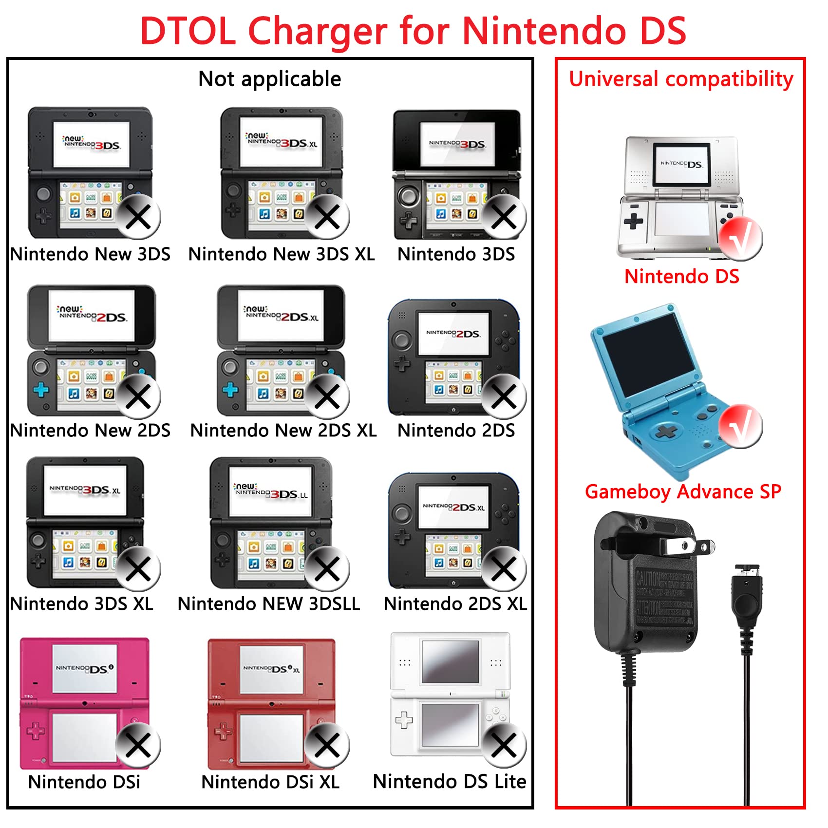 DTOL Gameboy Advance SP Charger, 5.2V 450mA Power Charger for Nintendo NDS and GBA SP, Wall Travel Charger, Compatible with Gameboy Advance SP, Nintendo NDS