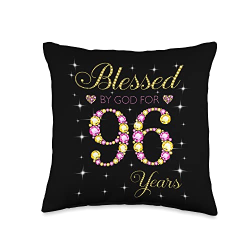 Blessed by God 96th Birthday Gift for Ladies Blessed by God for 96 Years Old 96th Birthday Gift for Women Throw Pillow, 16x16, Multicolor