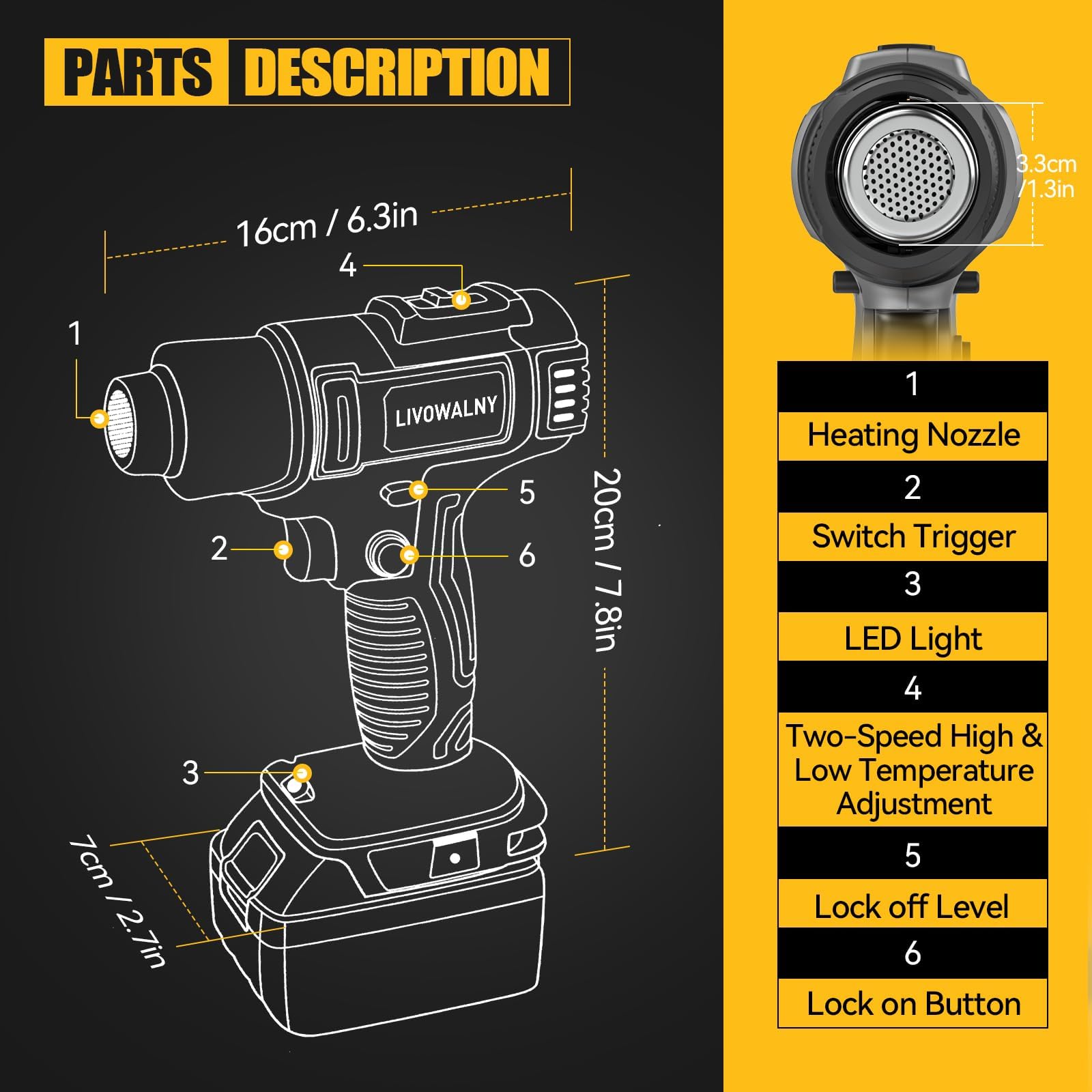 Cordless Heat Gun for Dewalt 20v Battery, LIVOWALNY 350W Fast Heating Soldering Hot Air Gun 122℉-1022℉ Variable Temperature Control with 5 Nozzles for DIY Crafts, Shrink Tubing (No Battery)