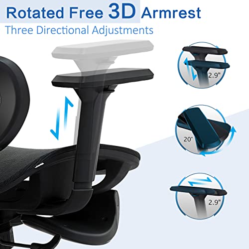 Ergonomic Office Chair with Foot Rest,Home Desk Chair Breathable Mesh, Lumbar Support Computer Chair with Flip-up Arms, Swivel Task Chair, Adjustable Height Gaming Chair Black